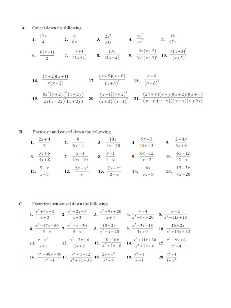 Simplify algebraic fractions B-A - worksheet | PDF