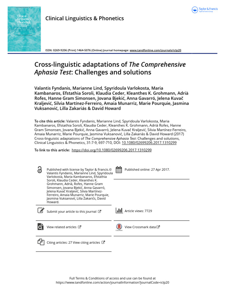 Cross-Linguistic Adaptations of The Comprehensive Aphasia Test ...