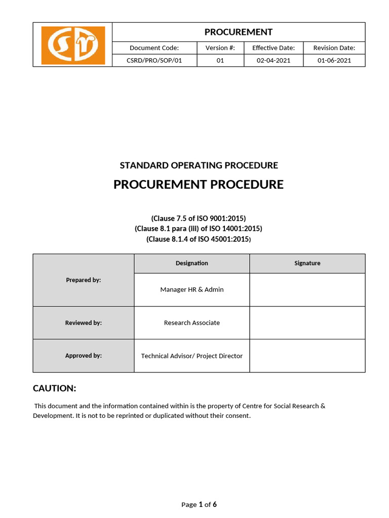 CSRD-PRO-SOP-01 - Procurement Procedure | PDF | International ...