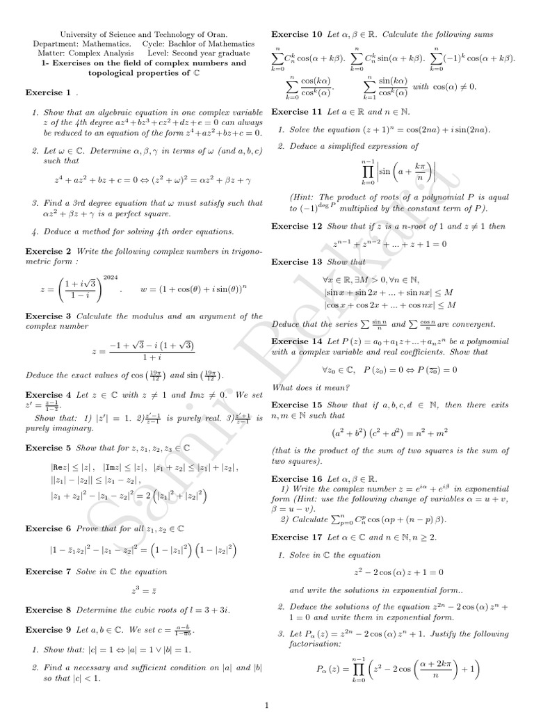 Exercises - Complex - Analysis | PDF | Equations | Polynomial