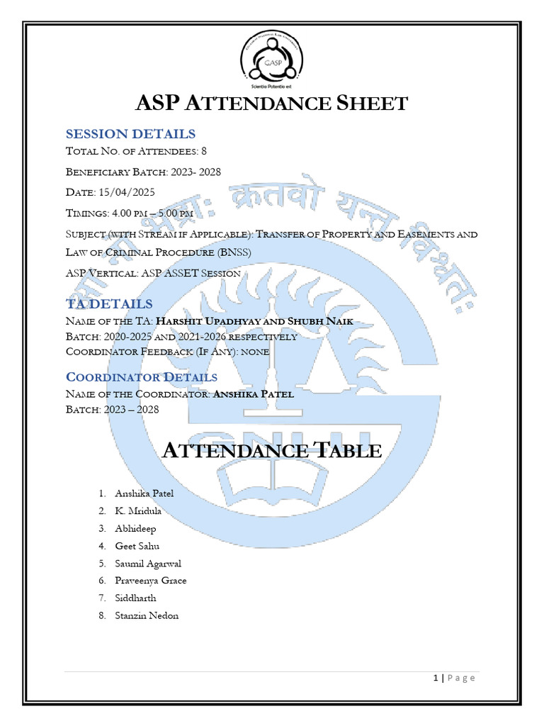 ASP Attendance Sheet | PDF