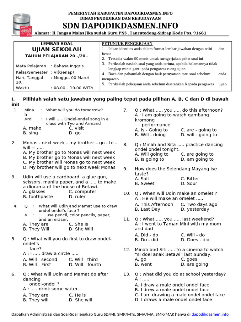 Soal US Kelas 6 Bhs Inggris Dapodikdasmen.info | PDF | Indonesia