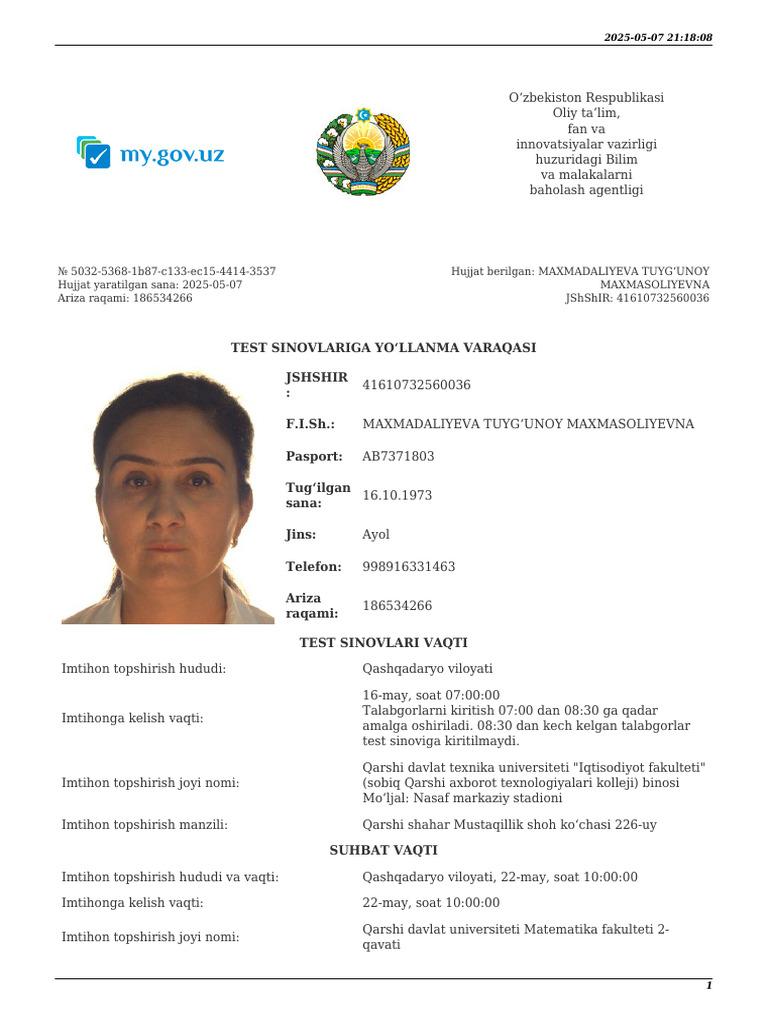 Test Sinovlariga Yo Llanma Varaqasi Jshshir: F.I.Sh.: Pasport: Tug ...