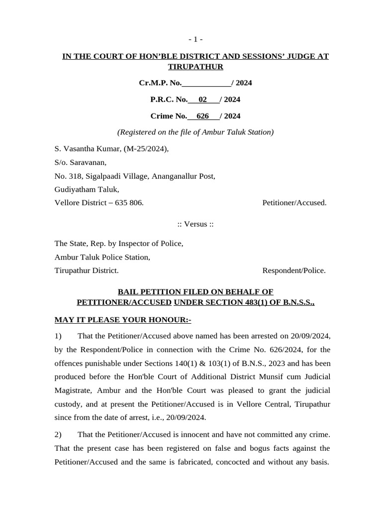 Vasantha Kumar Bail Petition | PDF | Bail | Arrest