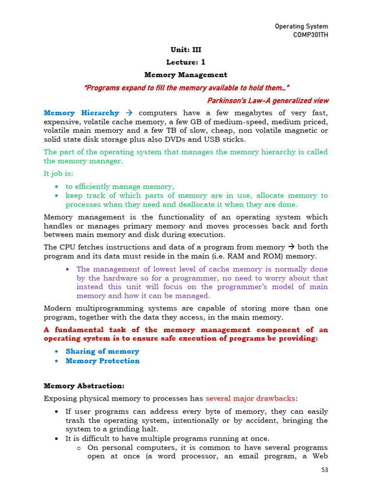 Unit III Lecture 1 Memory Management | PDF | Random Access Memory | Computer Data Storage