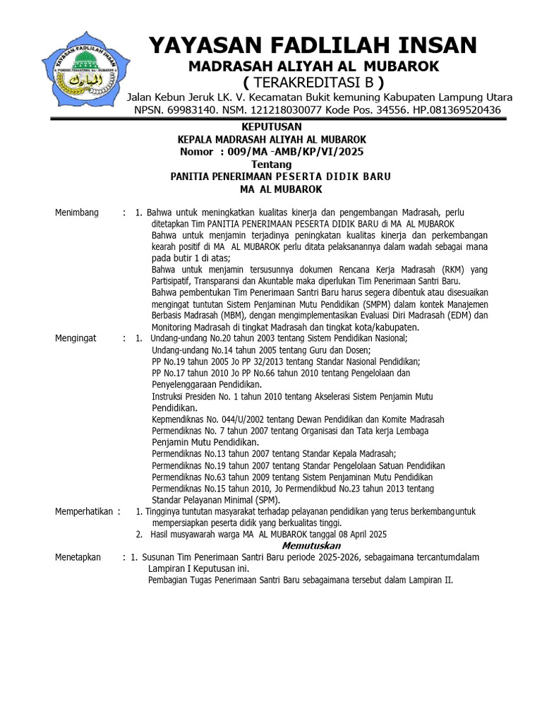 Tim PPDB MA Al Mubarok 2025-2026 | PDF