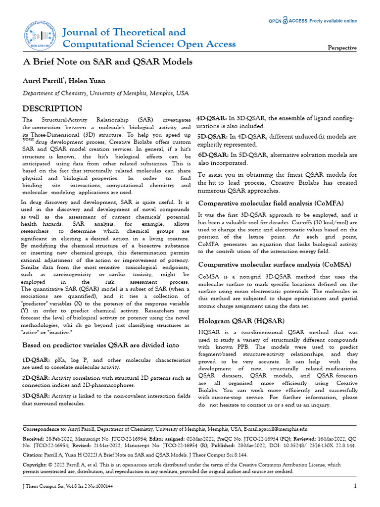 A Brief Note On Sar and Qsar Models | PDF | Quantitative Structure ...