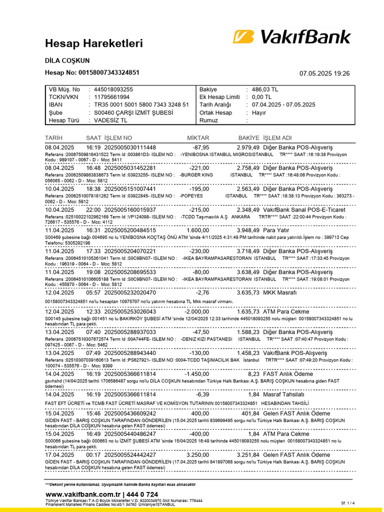 Hesap Hareketleri | PDF