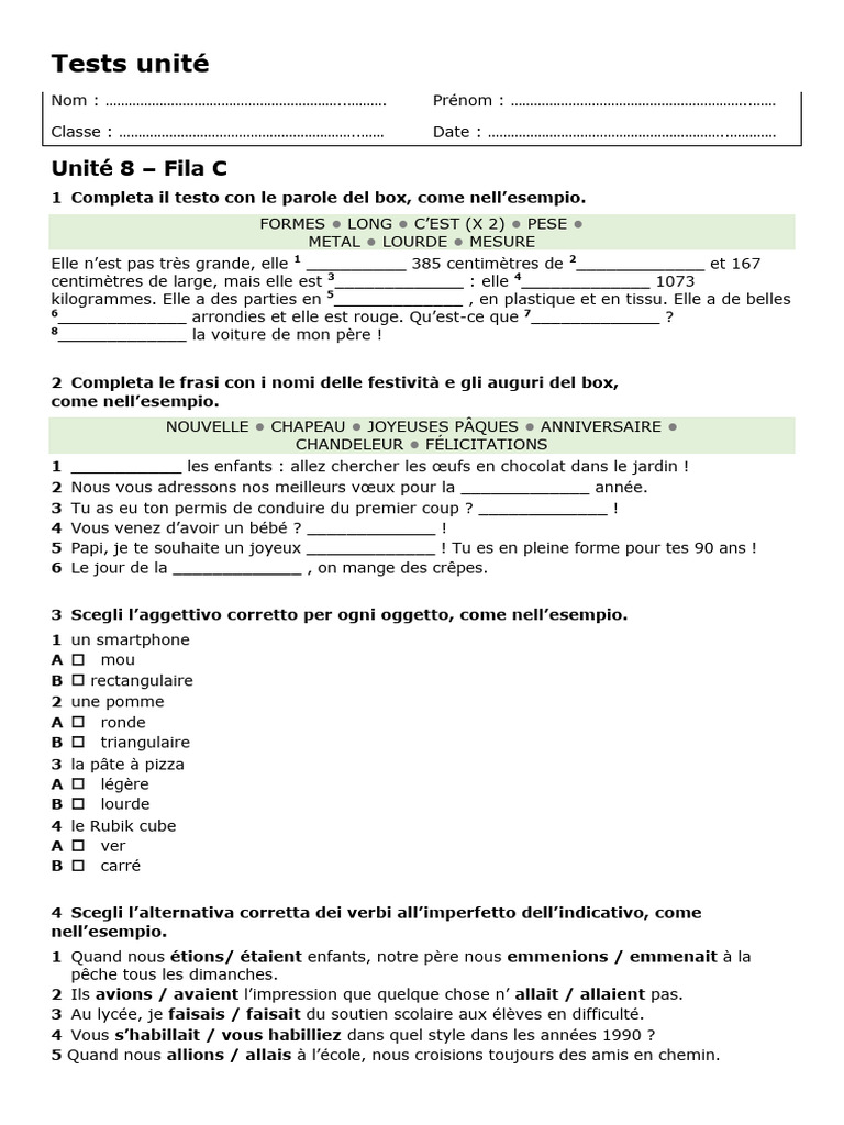 Tests d'unité en français : exercices variés | PDF