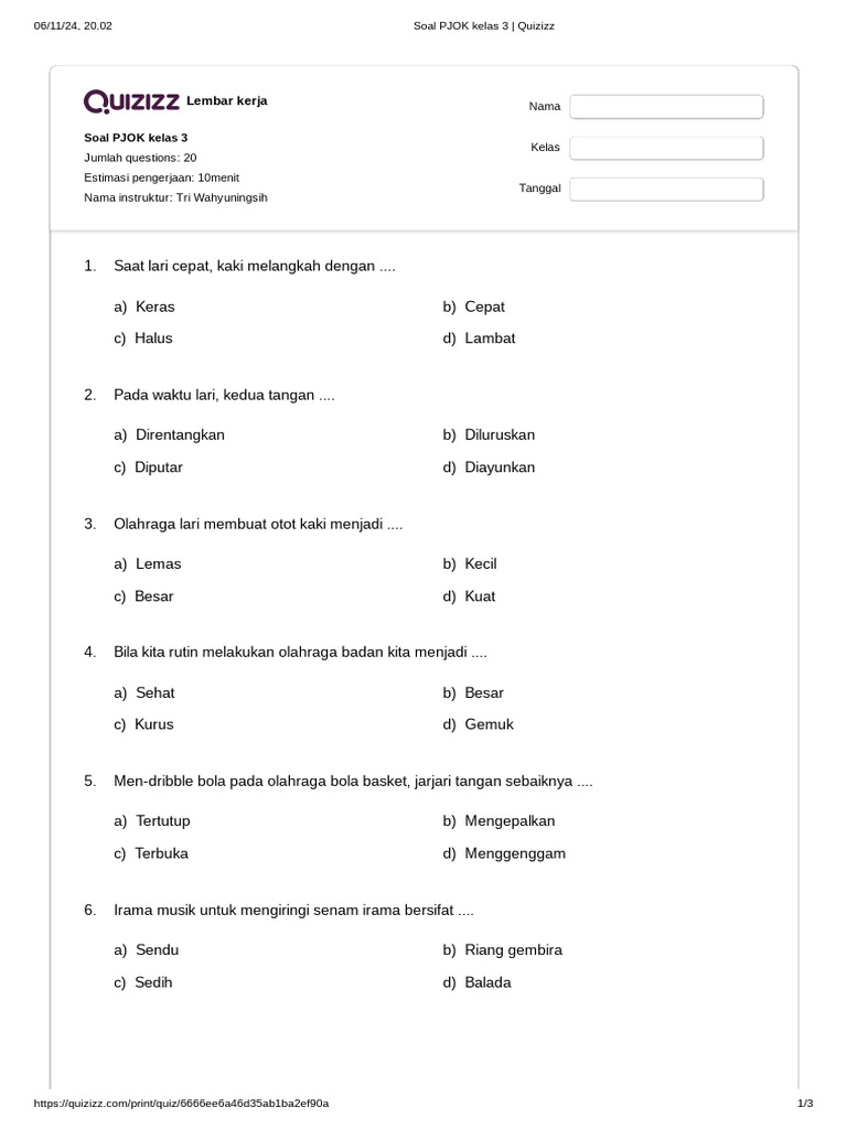Soal PJOK kelas 3 _ Quizizz | PDF