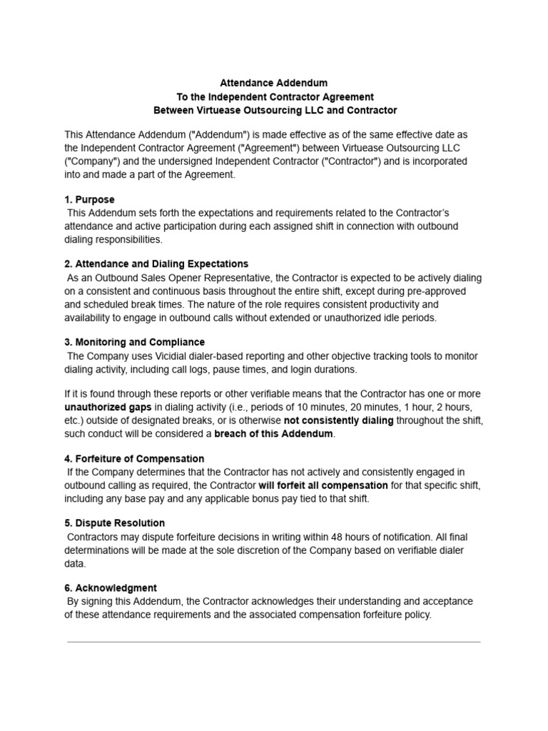 VE INDEPENDENT CONTRACTOR AGREEMENT (Auto Claims Lead GEN) Attendance Addendum | PDF | Business