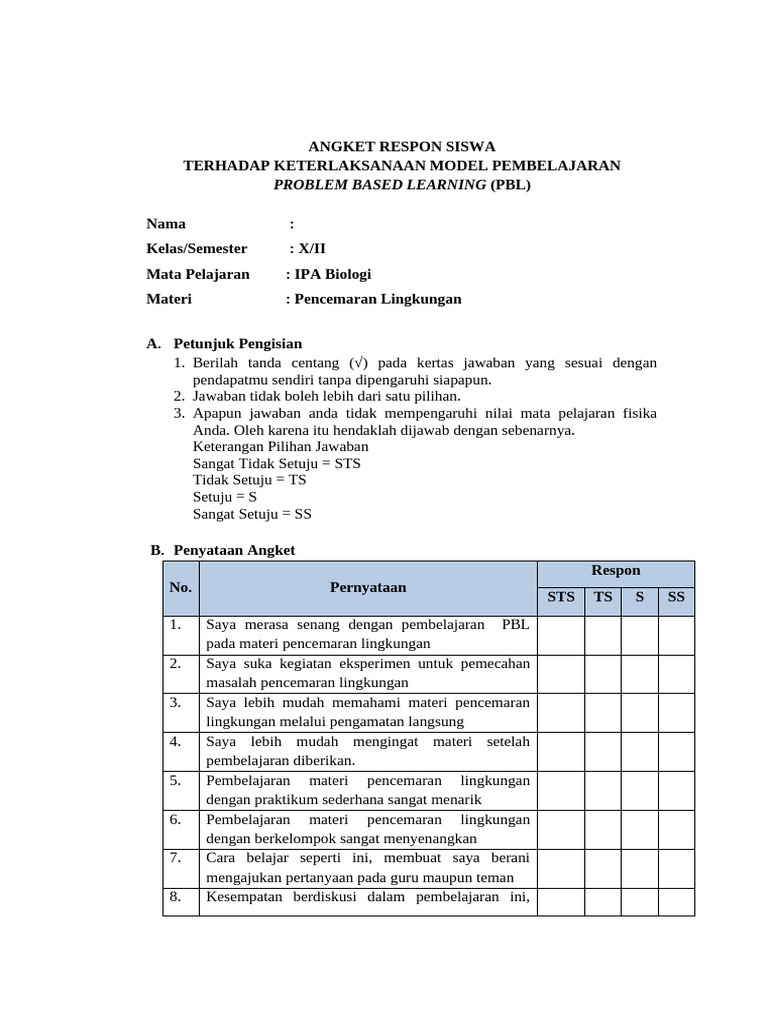Lembar Angket Respon Siswa | PDF