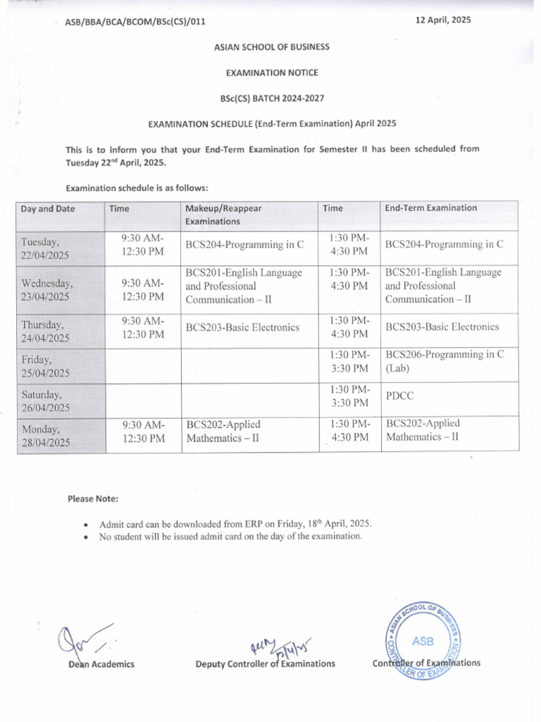 Asb (Bba, Bca, Bcom, BSC) End Term Examination Schedule | PDF