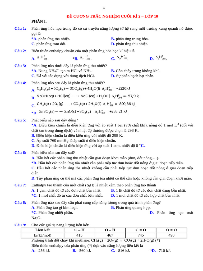 De Cuong Trac Nghiem Hoa 10-CK2 | PDF