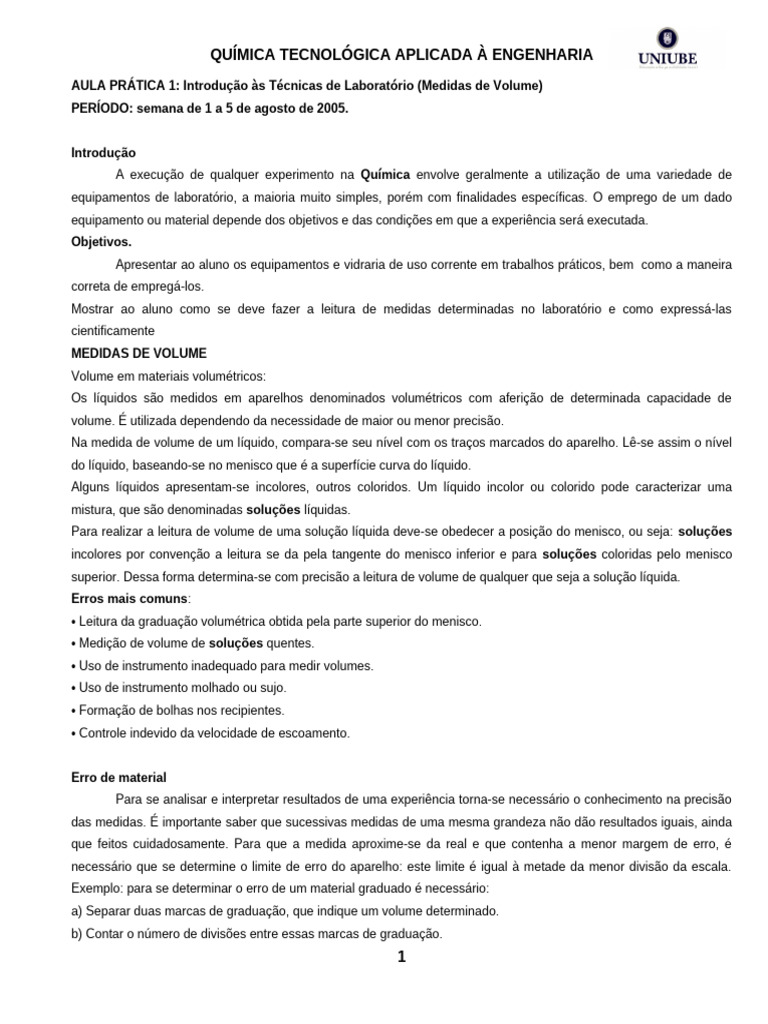 Aula Pratica1 Introducao Às Tecnicas de Laboratorio | PDF | Laboratórios | Líquidos