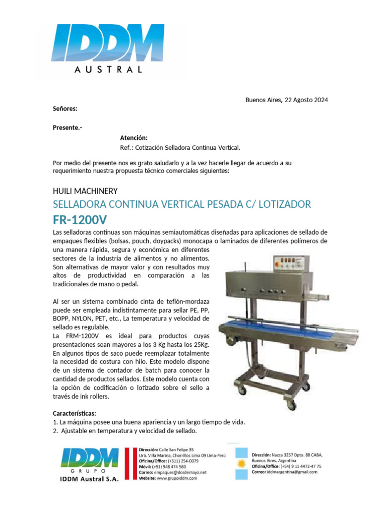 FT Selladora Continua Vertical Con Lotizador FR-1200V IDDMaustral | PDF