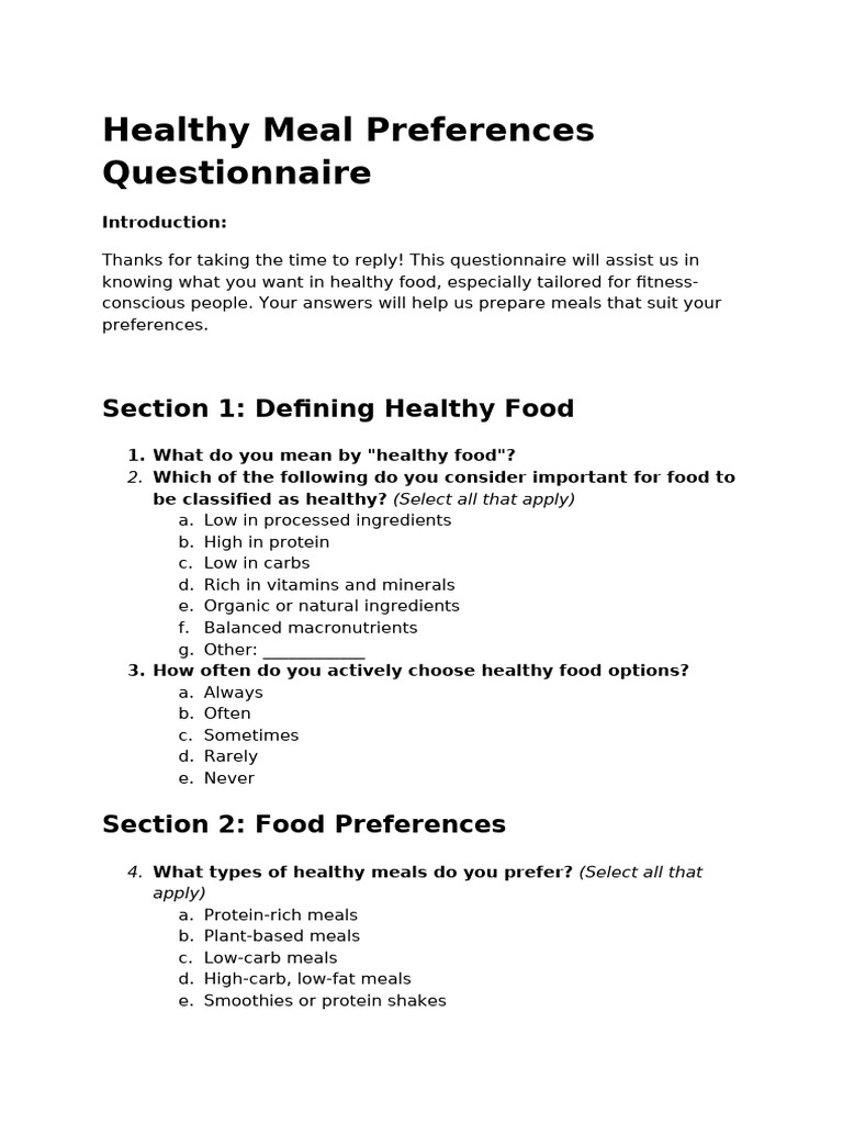 Healthy Meal Preferences Questionnaire 1 (3) | PDF