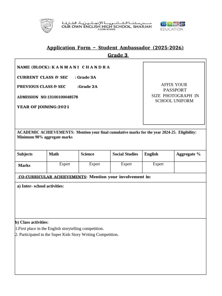 Nomination - Form - Student - Ambassadors - Grade - 3 Kanamani Chandra ...