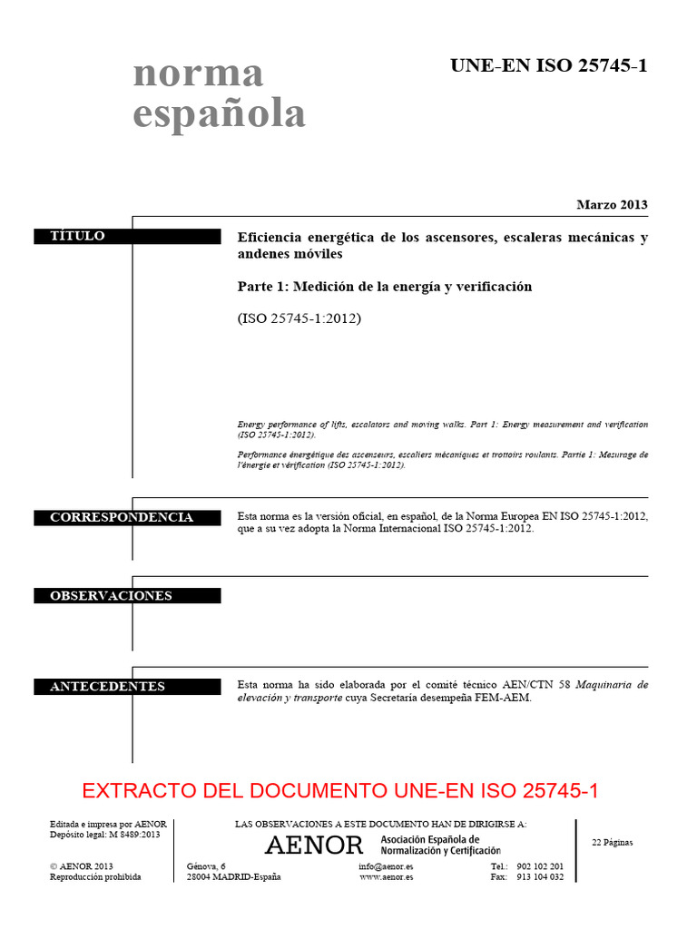 (Ex) Une-En - Iso - 25745-1 2013 | PDF | Ascensor | Tecnologías sostenibles