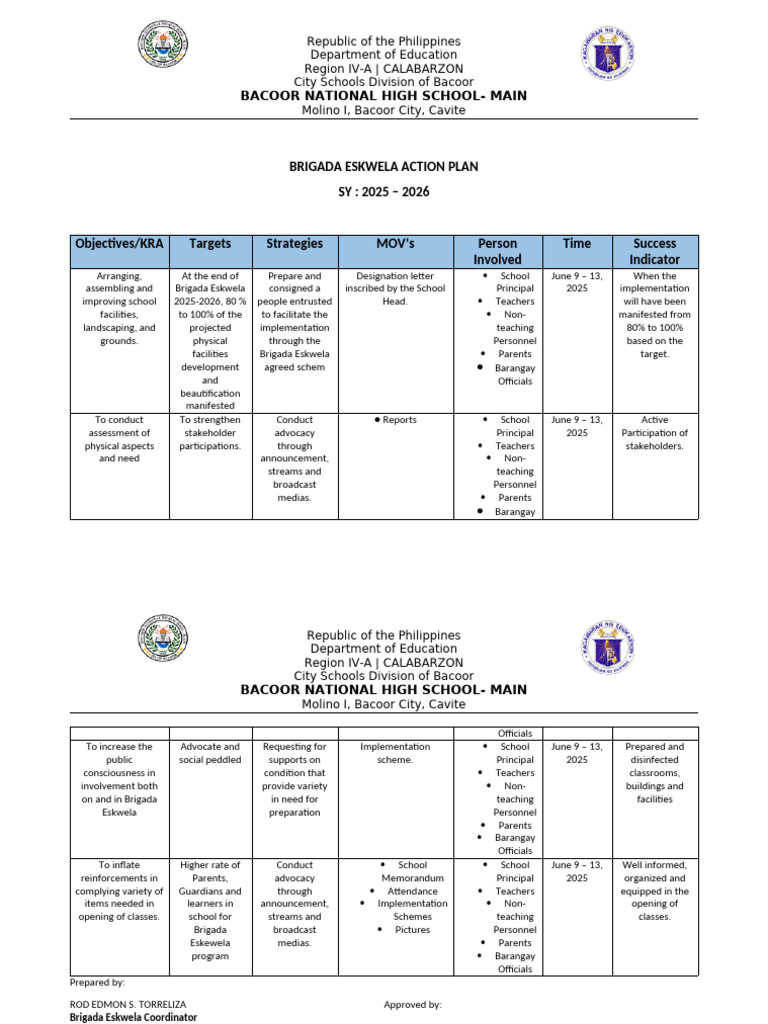Brigada Eskwela Action Plan 2025 - 2026 | PDF | Learning | Teaching