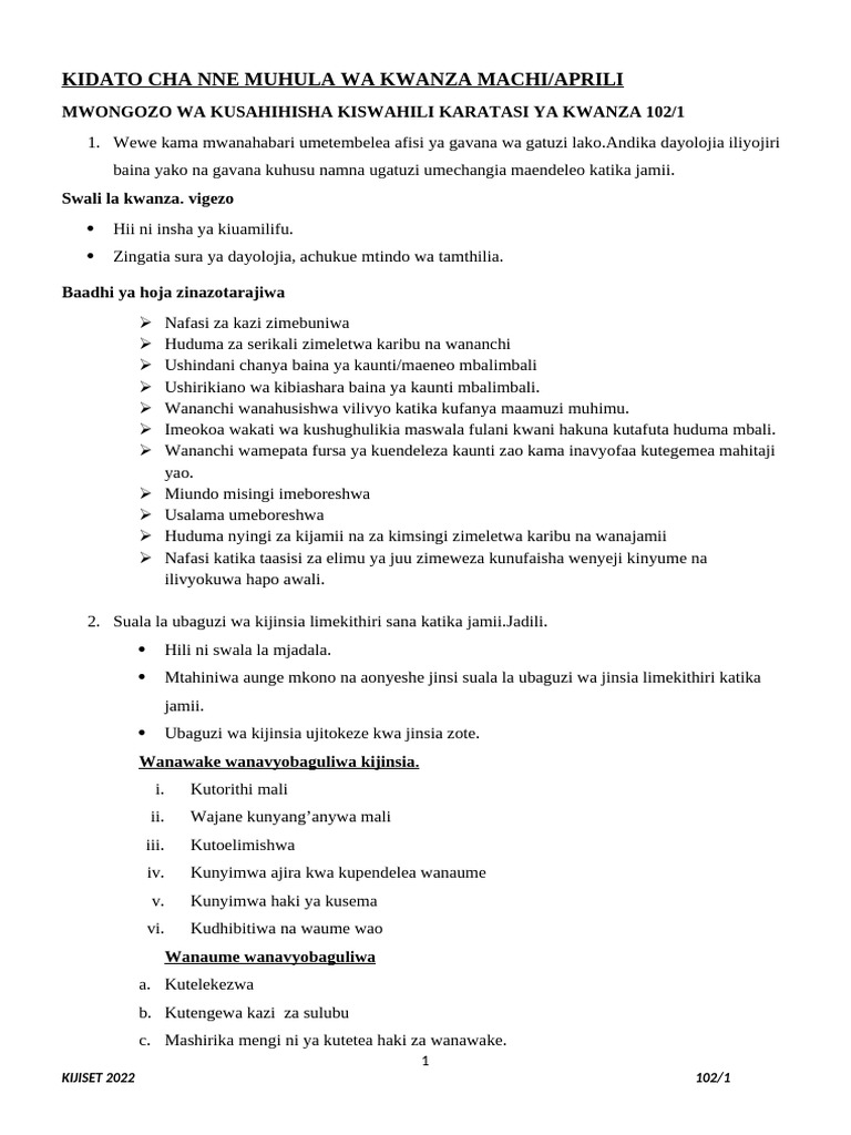 Kiswahili Paper 1 Ms | PDF