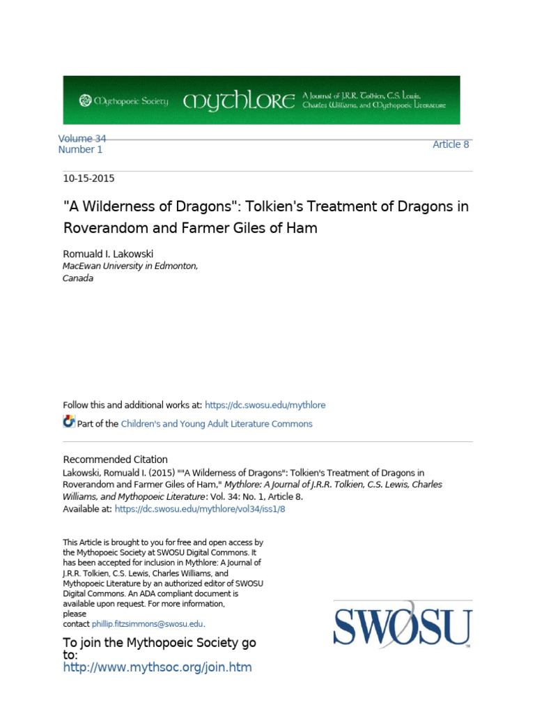 A Wilderness of Dragons - Tolkiens Treatment of Dragons in Rove | PDF ...