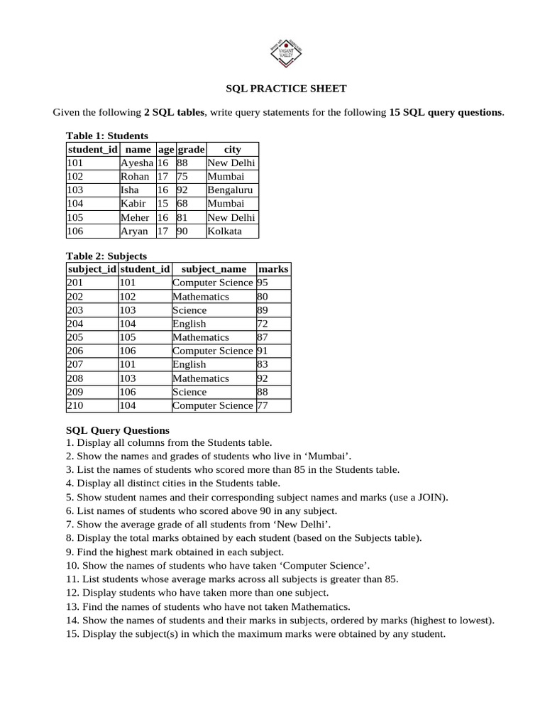 SQL Practice Sheet | PDF