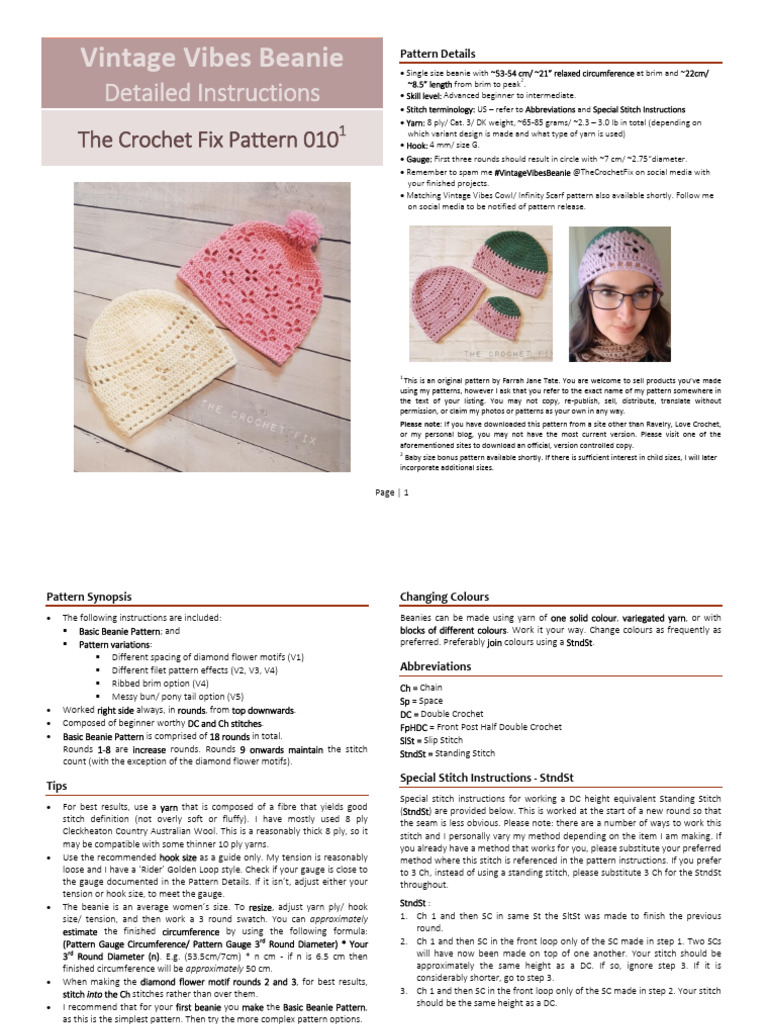 Vintage Vibes Beanie: Detailed Instructions | PDF | Crochet | Gauge ...
