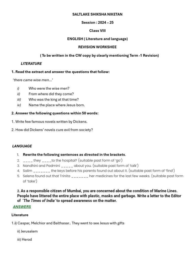 Class VIII English Revision Worksheet | PDF | Biblical Magi