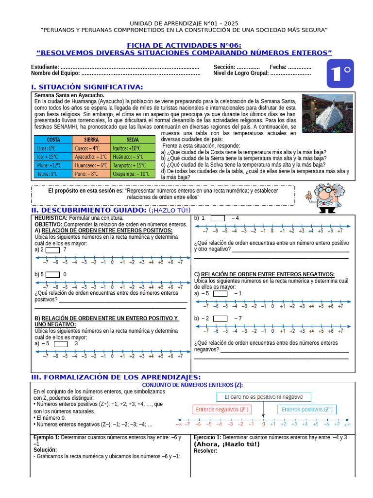Ficha 6-1ero-Ua1-2025 Muestra para Comparar | PDF | Entero