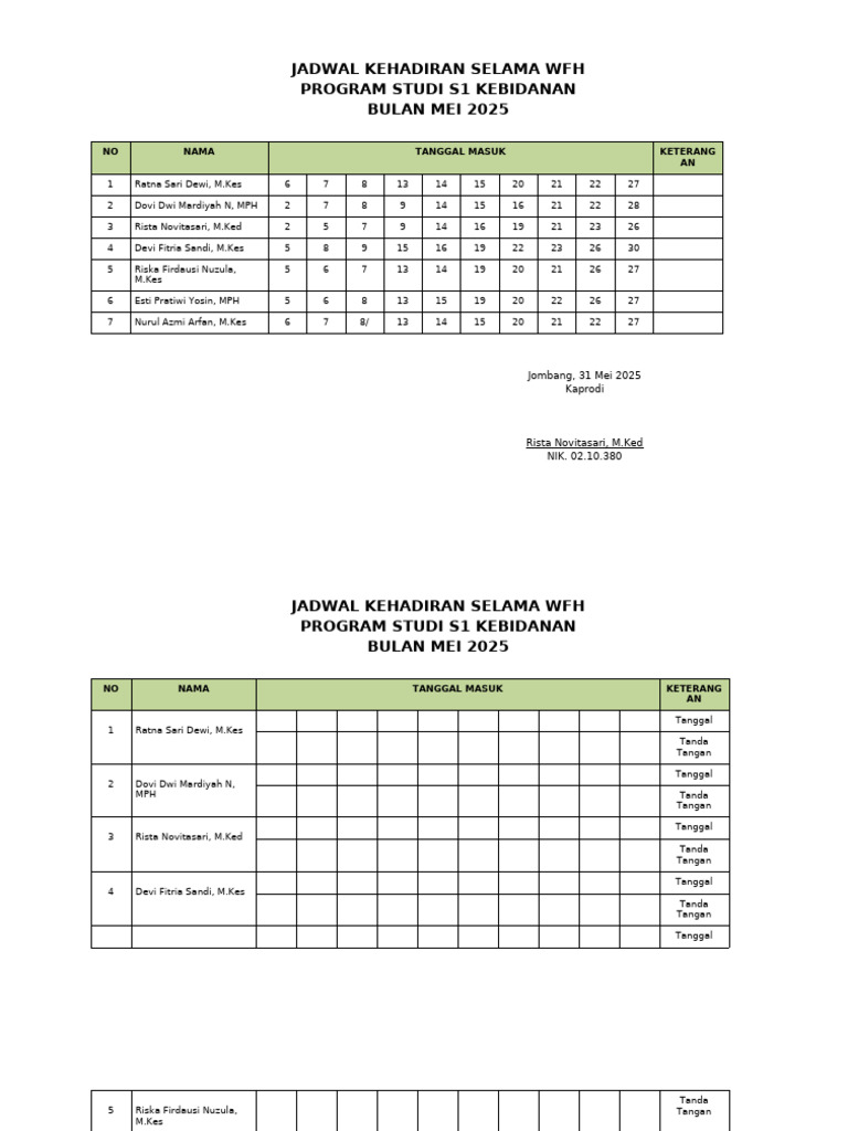 JADWAL KEHADIRAN S1 SELAMA WFH | PDF