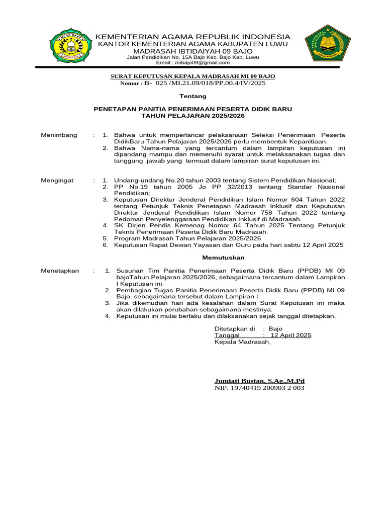 SK Panitia PPDB Madrasah 2025 Ok | PDF