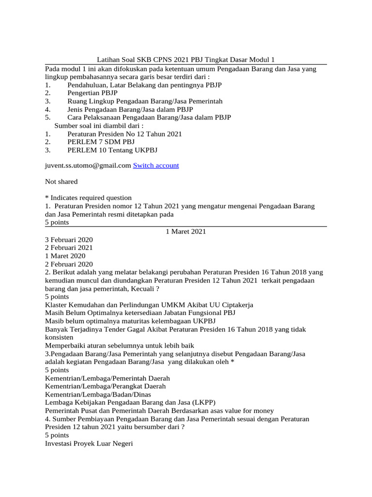 Latihan Soal SKB CPNS 2021 PBJ Tingkat Dasar Modul 1 | PDF