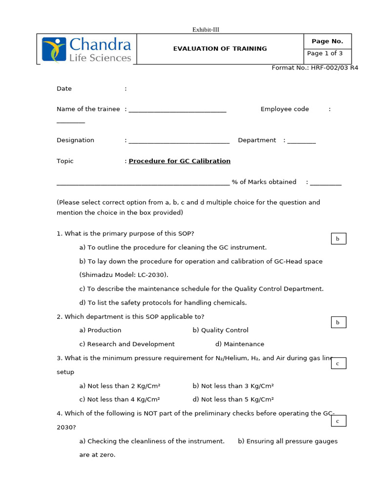 GC Calibration Training Evaluation Form | PDF | Calibration