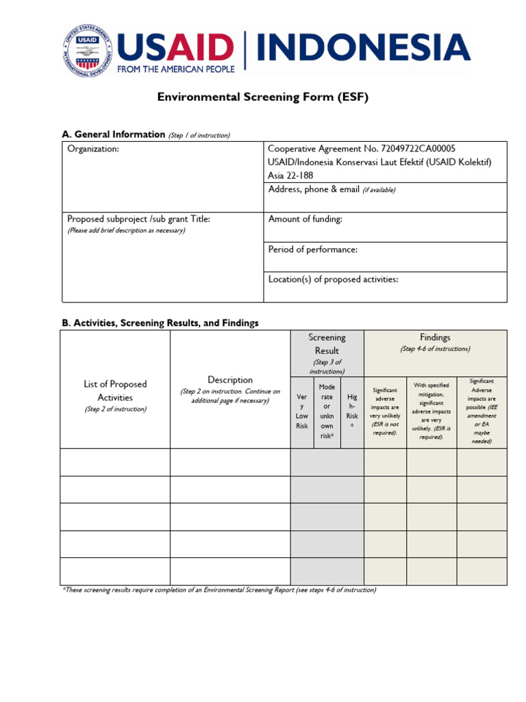 Template - Annex XVII - Environmental Screening Form (ESF) - Eng | PDF