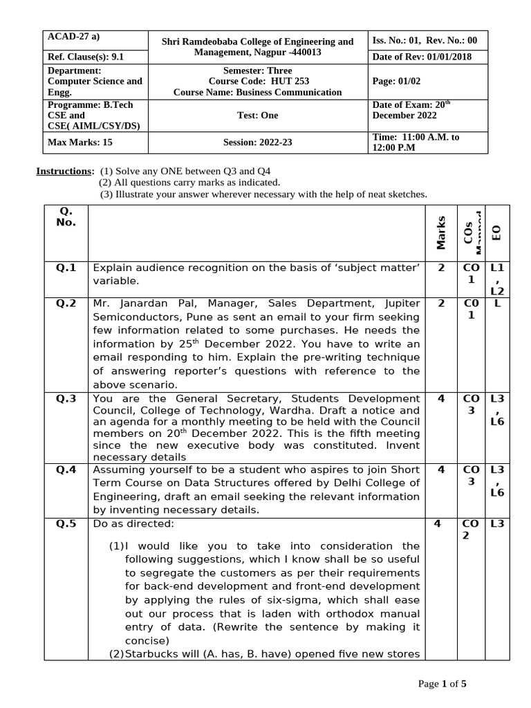 HUT 253 Test One Sem Three 22 23 Session | PDF