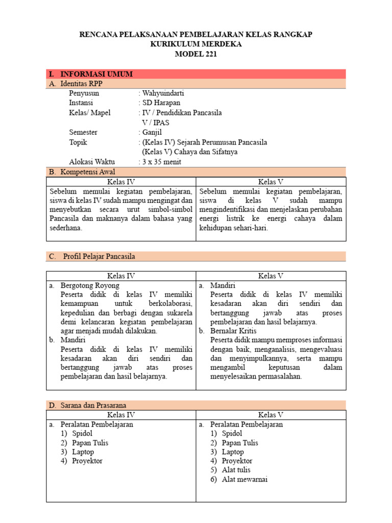 Contoh RPP Kelas Rangkap Model 221 K-Merdeka 2 | PDF