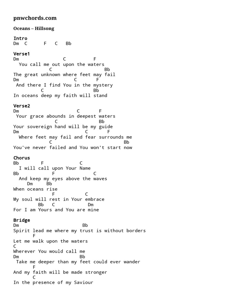 Oceans Chords and Lyrics Guide | PDF