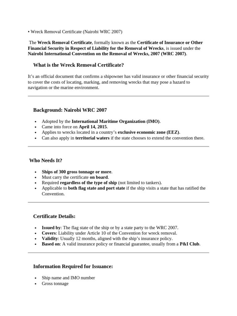 Wreck Removal Certificate | PDF