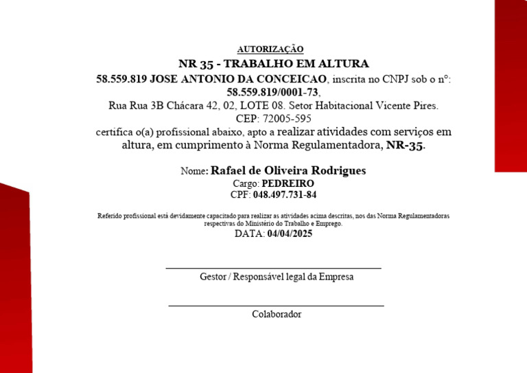carta de Anuência NR - 35 Rafael de Oliveira Rodrigues | PDF