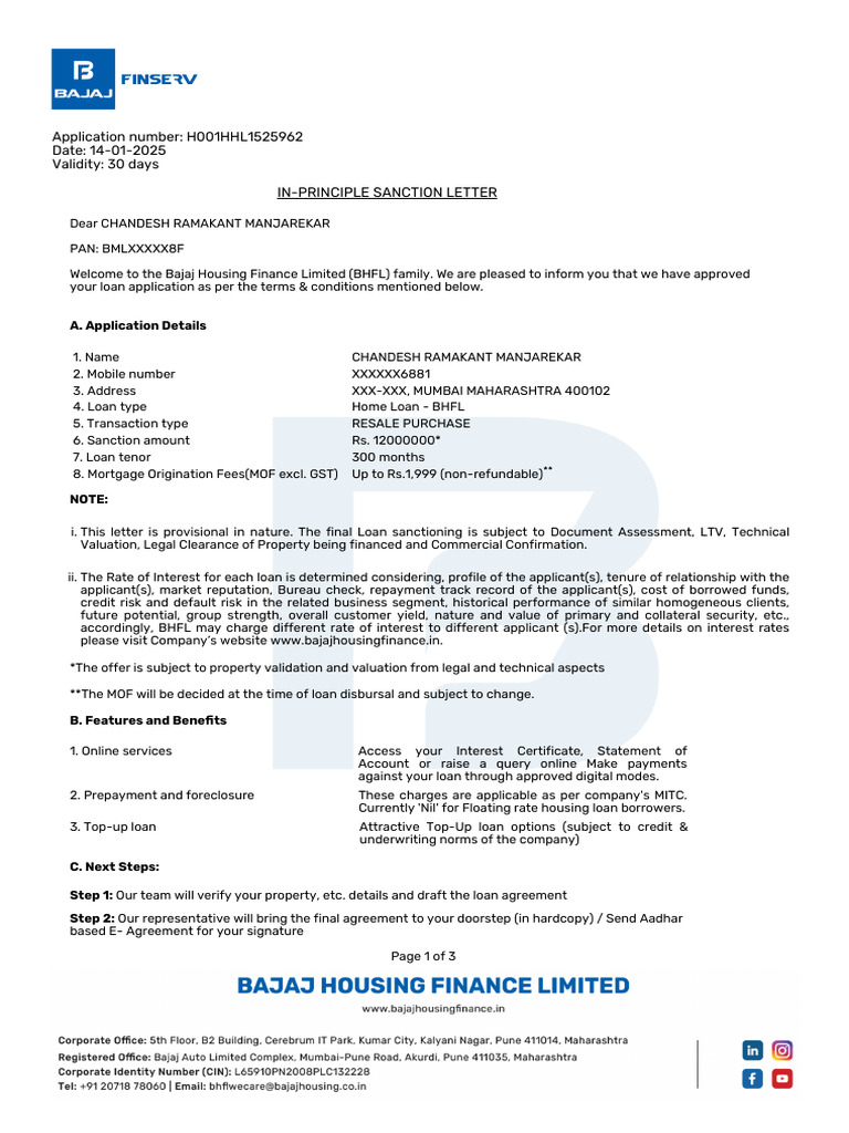 H001HHL1525962 - BHFL In-Principle Sanction Letter | PDF | Loans ...