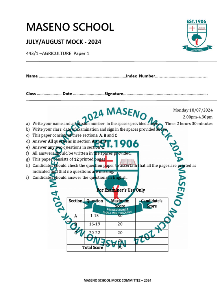Maseno School Agriculture Mock Exam 2024 | PDF | Agricultural Science ...