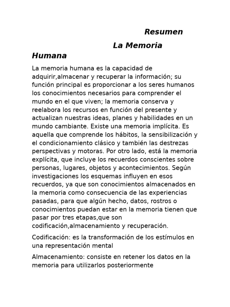 La Memoria Humana | PDF | Memoria | Cognición
