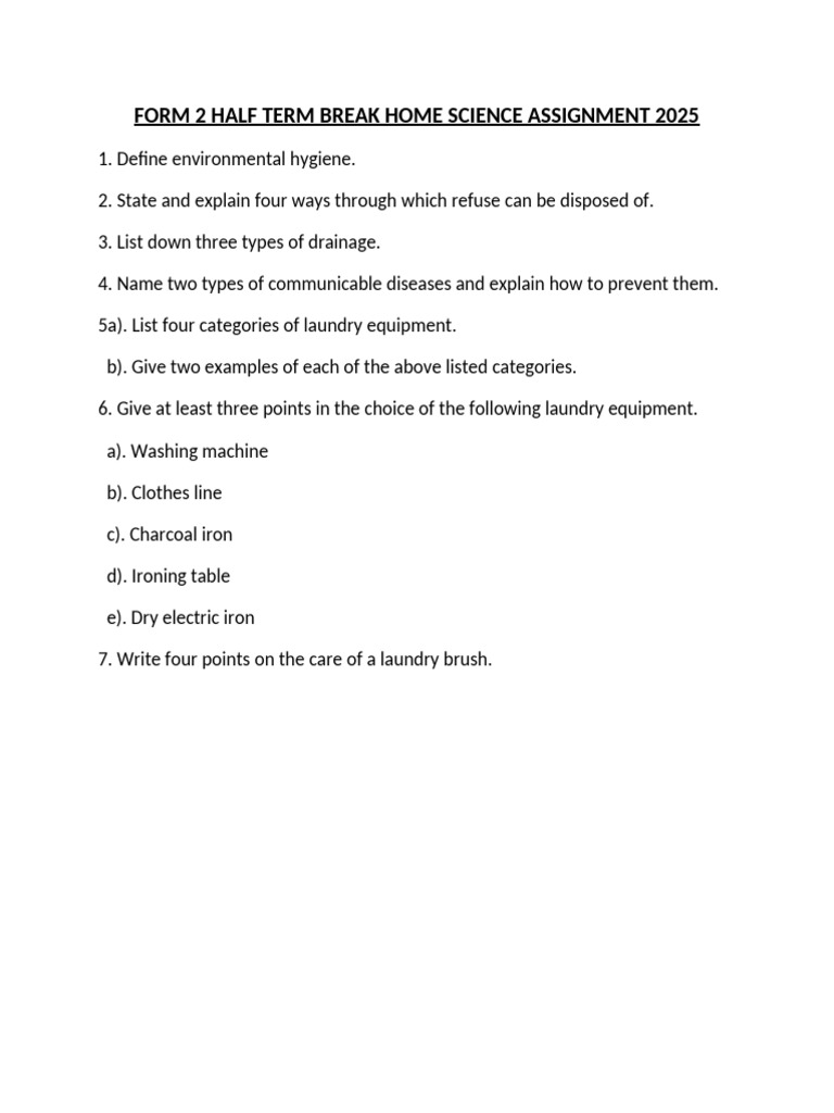 67bd6b5adaa74 - Form 2 Half Term Break Assignment Homescience | PDF