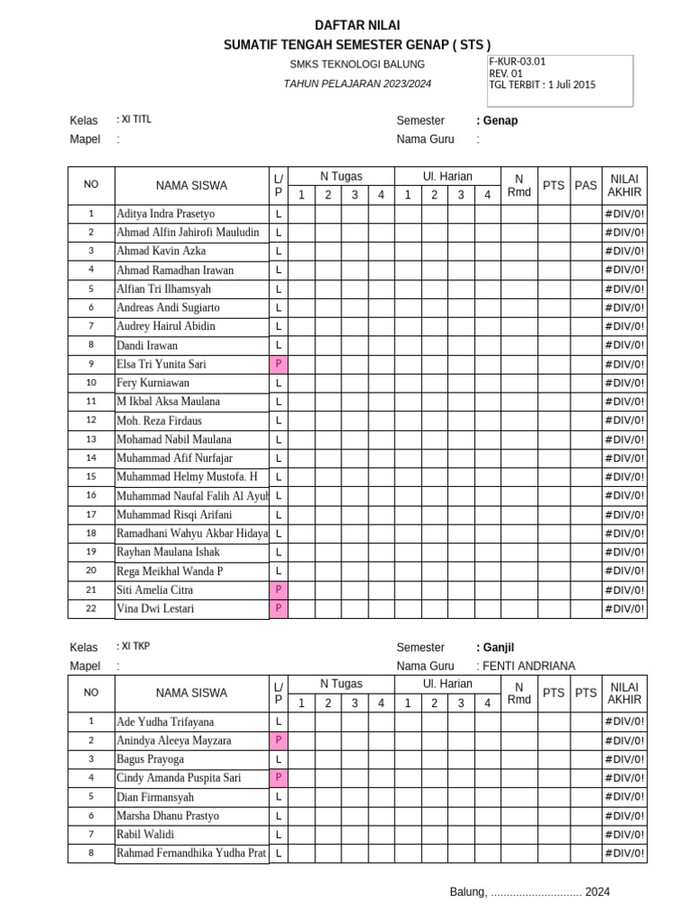 Nilai Sts Genap Pjok P. Edi Kelas Xi 2024 | PDF