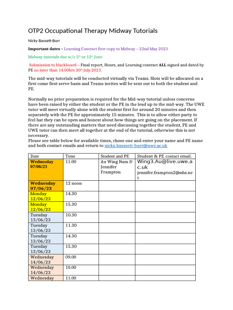 OTP2 Occupational Therapy Midway Tutorials Booking Form and Info | PDF