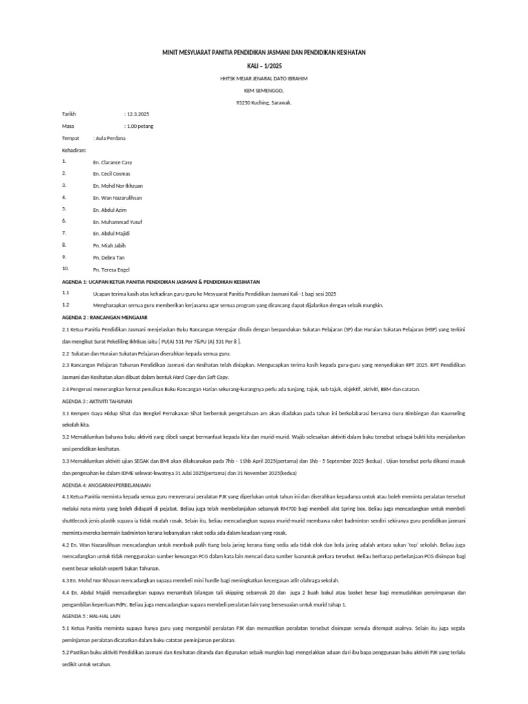 Minit Mesyuarat Panitia Pendidikan Jasmani Dan Pendidikan Kesihatan Kali 1 (2025) | PDF
