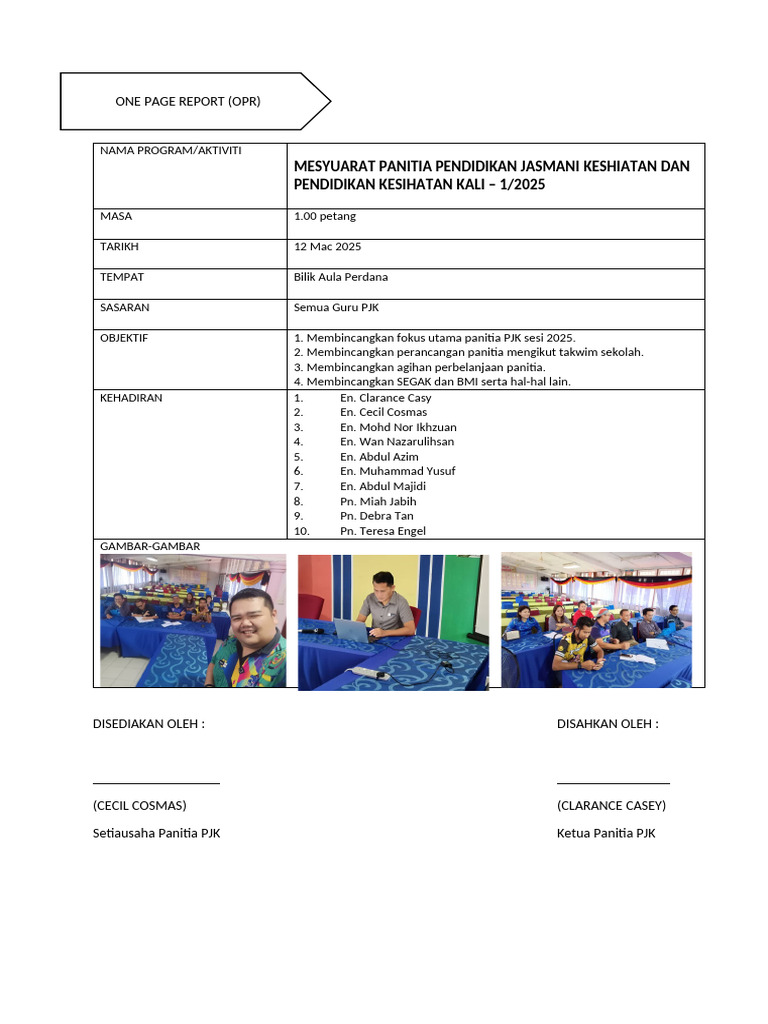 OPR Mesyuarat Panitia PJK | PDF