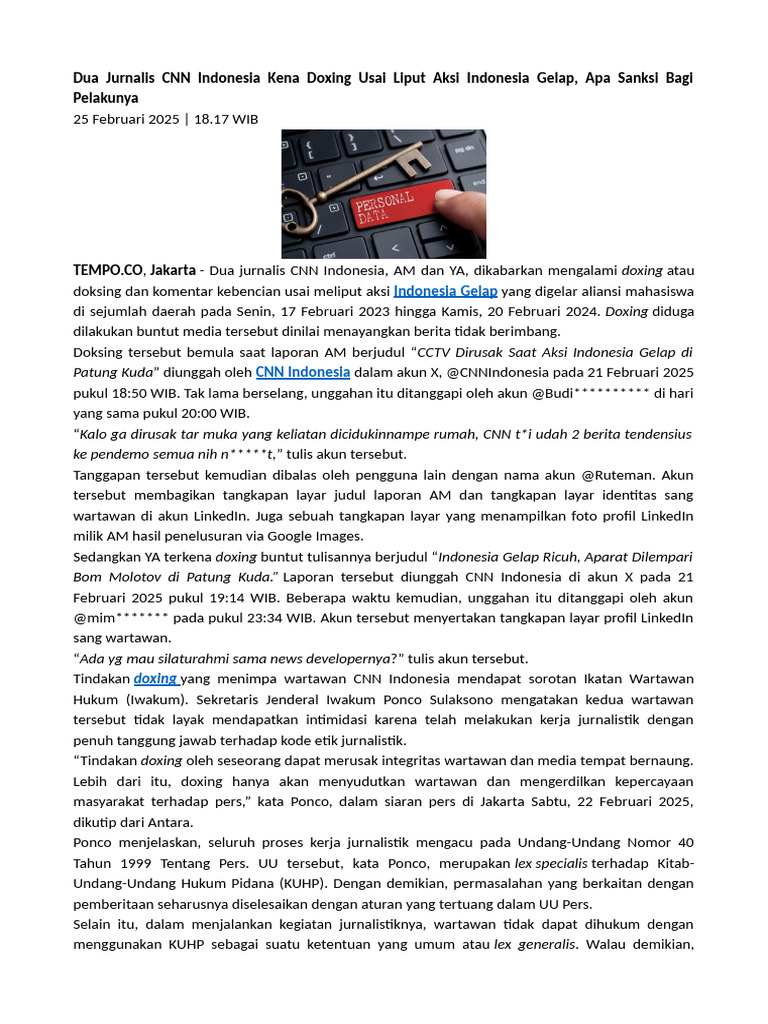 Dua Jurnalis CNN Indonesia Kena Doxing Usai Liput Aksi Indonesia Gelap | PDF