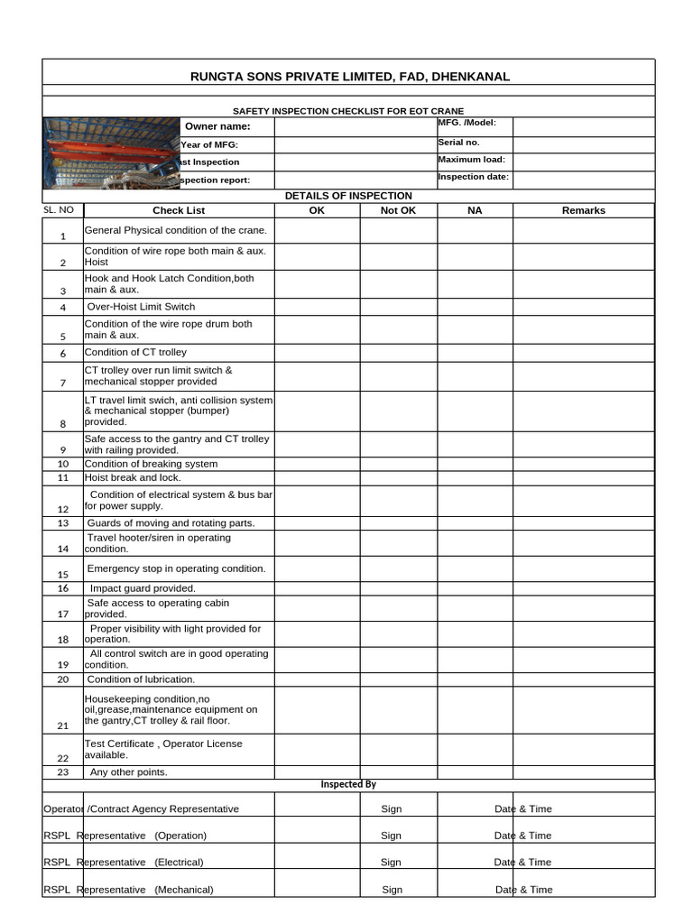 EOT Crane Inspection Checklist | PDF | Crane (Machine) | Manufactured Goods